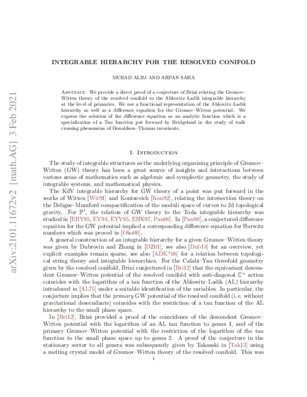 (PDF) Integrable hierarchy for the resolved conifold | Arpan Saha - Academia.edu