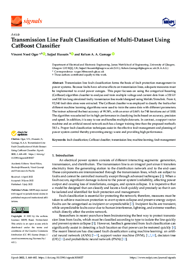 Pdf Transmission Line Fault Classification Of Multi Dataset Using Catboost Classifier