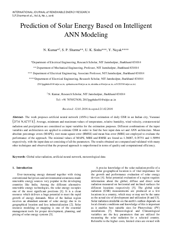 (PDF) Prediction of Solar Energy Based on Intelligent ANN Modeling