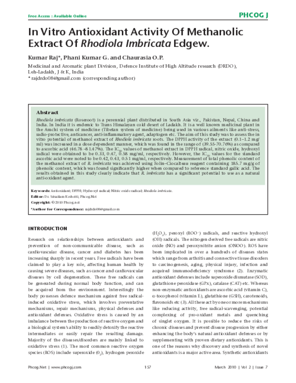 (PDF) In Vitro Antioxidant Activity Of Methanolic Extract Of Rhodiola Imbricata Edgew | om ...