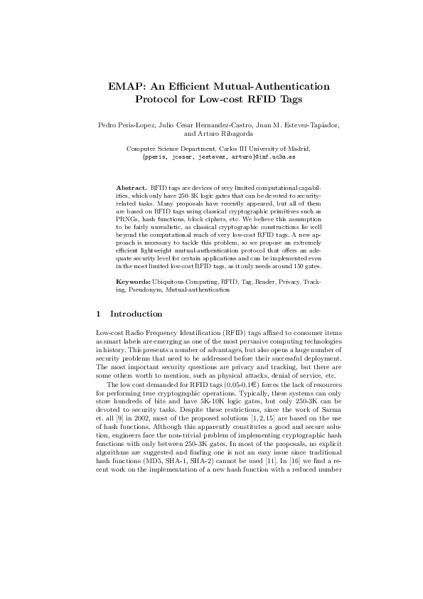 (PDF) EMAP: An Efficient Mutual-Authentication Protocol for Low-Cost RFID Tags
