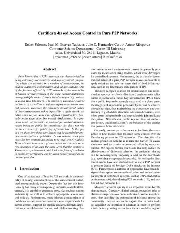 (PDF) Certificate-based Access Control in Pure P2P Networks
