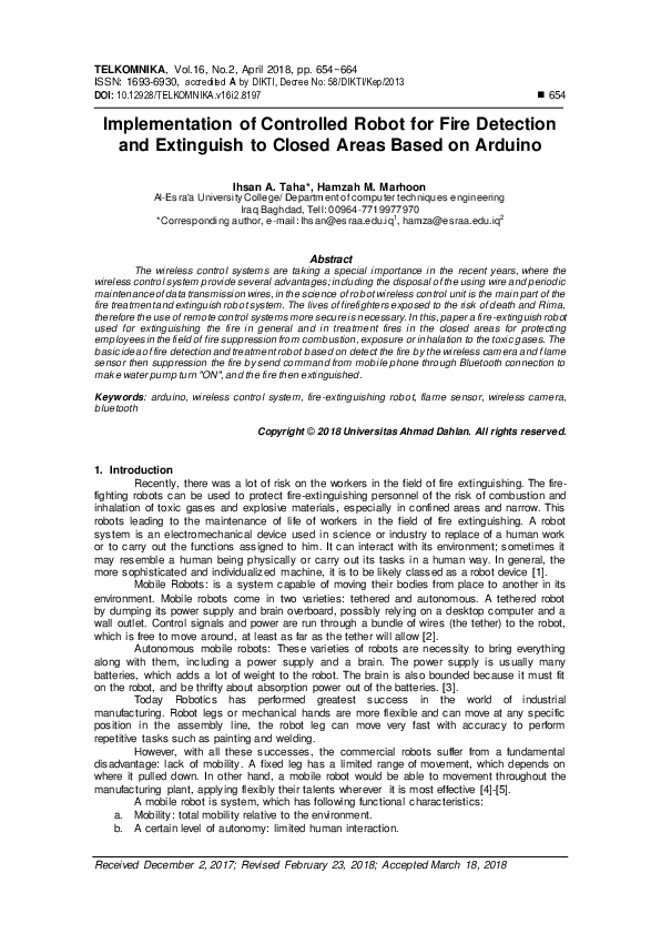 Pdf Implementation Of Controlled Robot For Fire Detection And