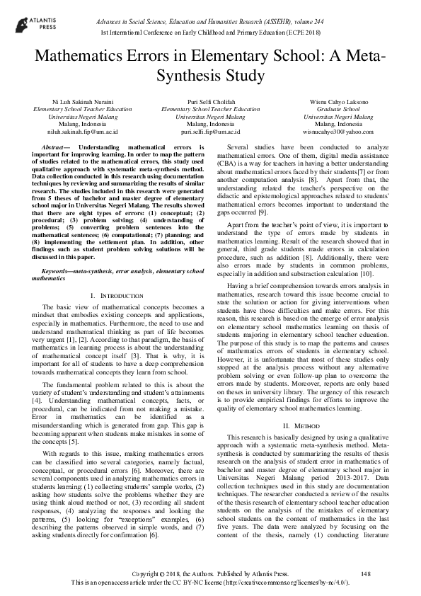 (PDF) Mathematics Errors in Elementary School: A Meta-Synthesis Study