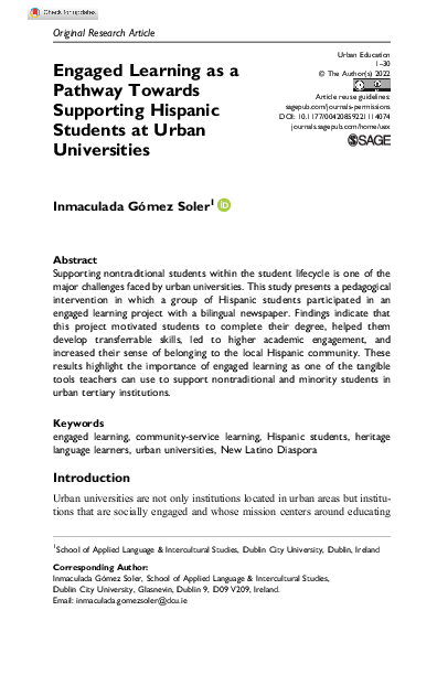 (PDF) Engaged Learning as a Pathway Towards Supporting Hispanic Students at Urban Universities