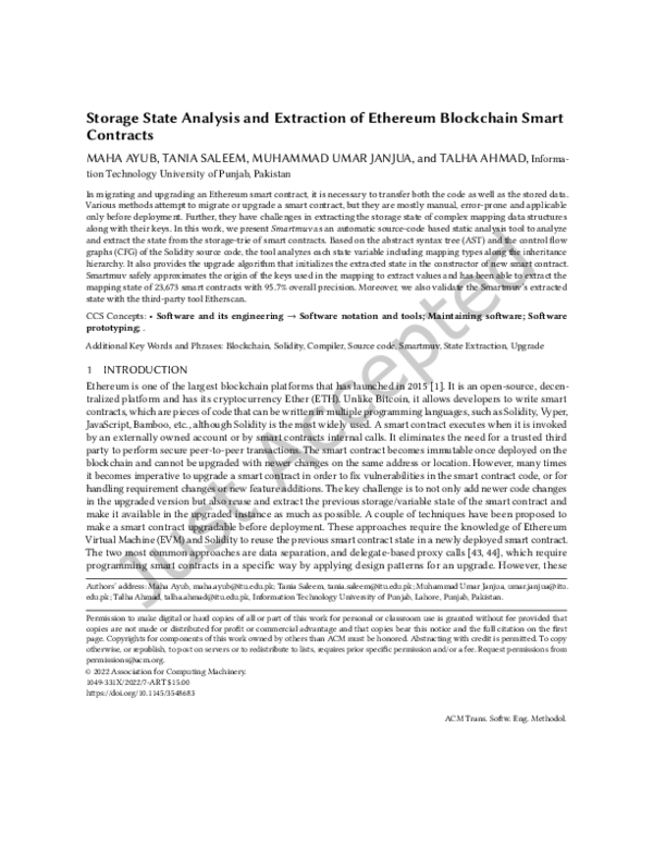 (PDF) Storage State Analysis and Extraction of Ethereum Blockchain Smart Contracts