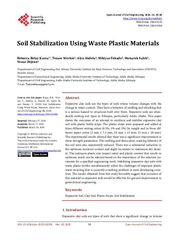 (PDF) Soil Stabilization Using Waste Plastic Materials | Tenaw Workie - Academia.edu