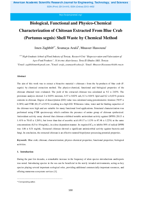 (PDF) Biological, Functional and Physico-chemical Characterization of Chitosan Extracted from ...