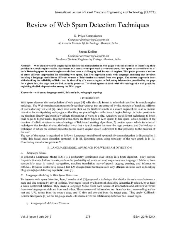 Pdf Review Of Web Spam Detection Techniques