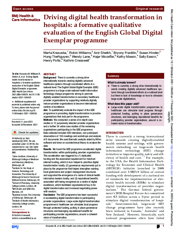 (PDF) Driving digital health transformation in hospitals: a formative ...