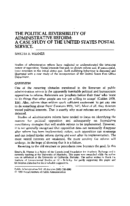 The Political Reversibility of Administrative Reform: A Case Study of ...