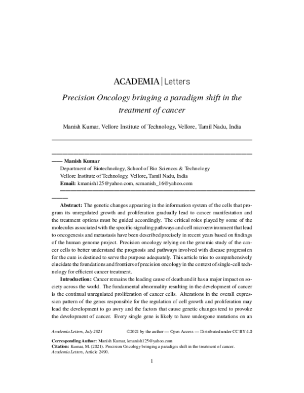 (PDF) Precision Oncology bringing a paradigm shift in the treatment of ...
