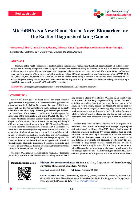 (PDF) MicroRNA as a New Blood-Borne Novel Biomarker for the Earlier ...
