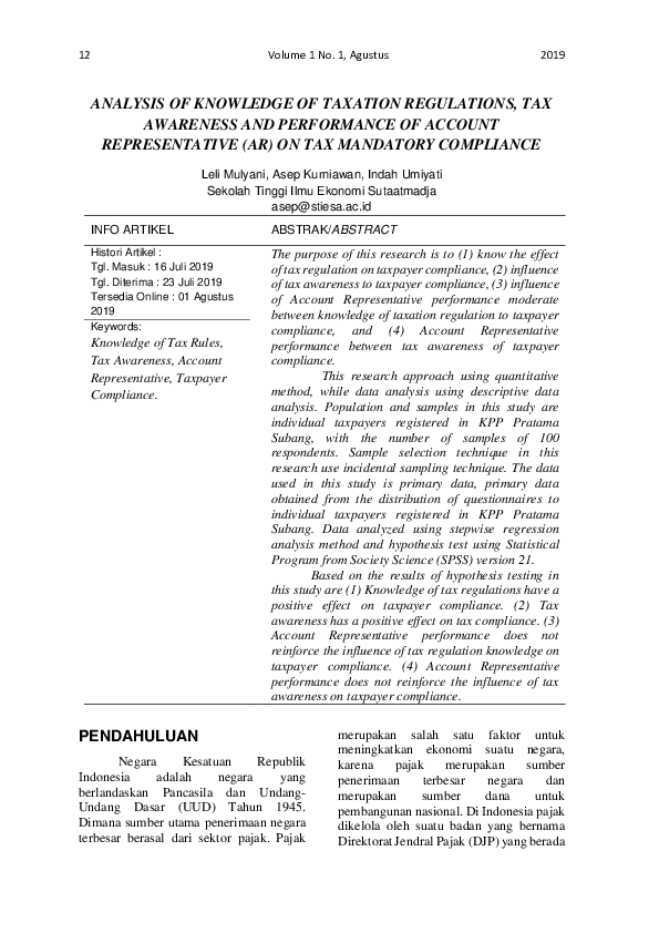 (PDF) Analysis of Knowledge of Taxation Regulations, Tax Awareness and ...