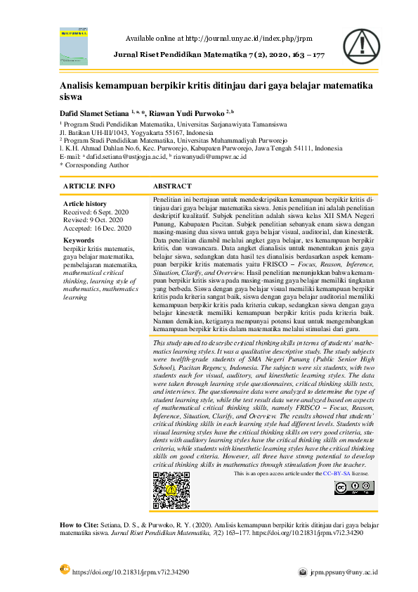 (PDF) Analisis kemampuan berpikir kritis ditinjau dari gaya belajar matematika siswa