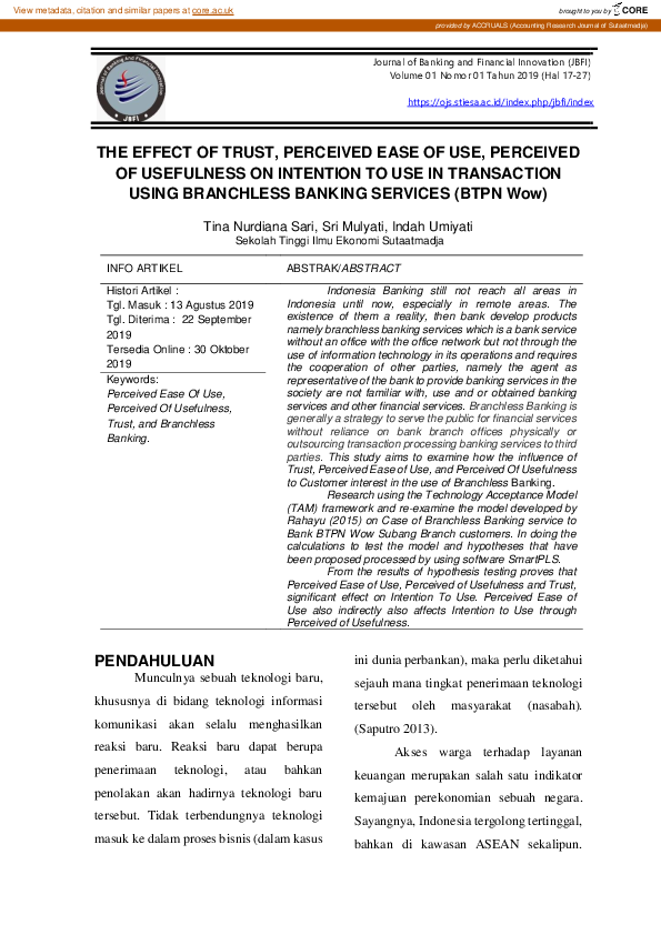(PDF) THE EFFECT OF TRUST, PERCEIVED EASE OF USE, PERCEIVED OF USEFULNESS ON INTENTION TO USE IN ...