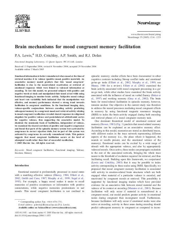 (PDF) Brain mechanisms for mood congruent memory facilitation | hugo ...