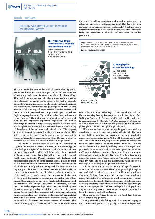 (PDF) The Predictive Brain: Consciousness, Decision and Embodied Action