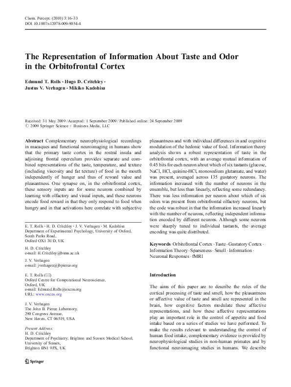 Pdf The Representation Of Information About Taste And Odor In The Orbitofrontal Cortex