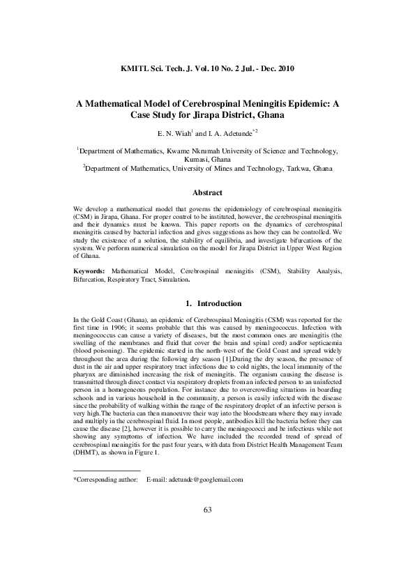 (PDF) A Mathematical Model of Cerebrospinal Meningitis Epidemic: A Case Study for Jirapa ...
