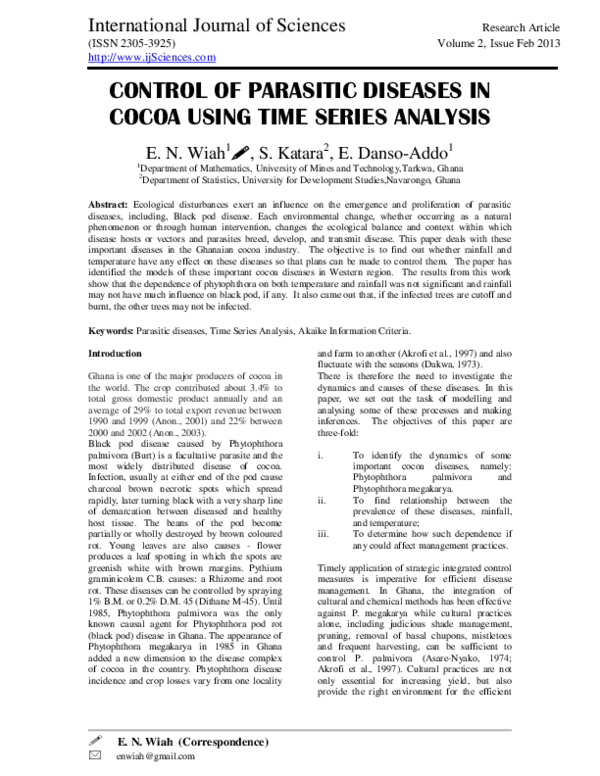 (PDF) Control Of Parasitic Diseases In Cocoa Using Time Series Analysis