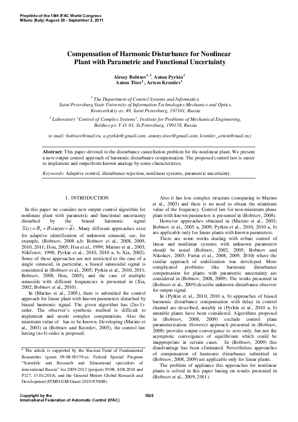 (PDF) Compensation of Harmonic Disturbance for Nonlinear Plant with Parametric and Functional ...