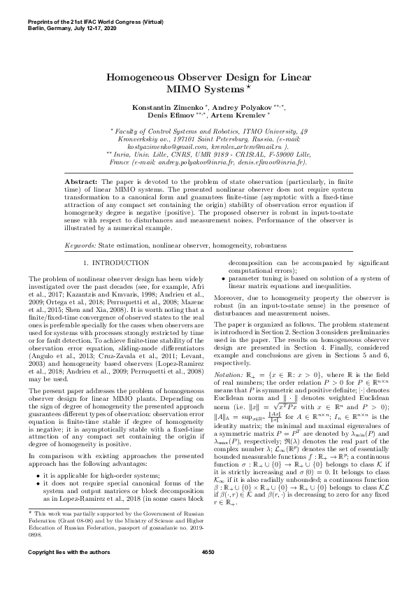 (PDF) Homogeneous Observer Design for Linear MIMO Systems