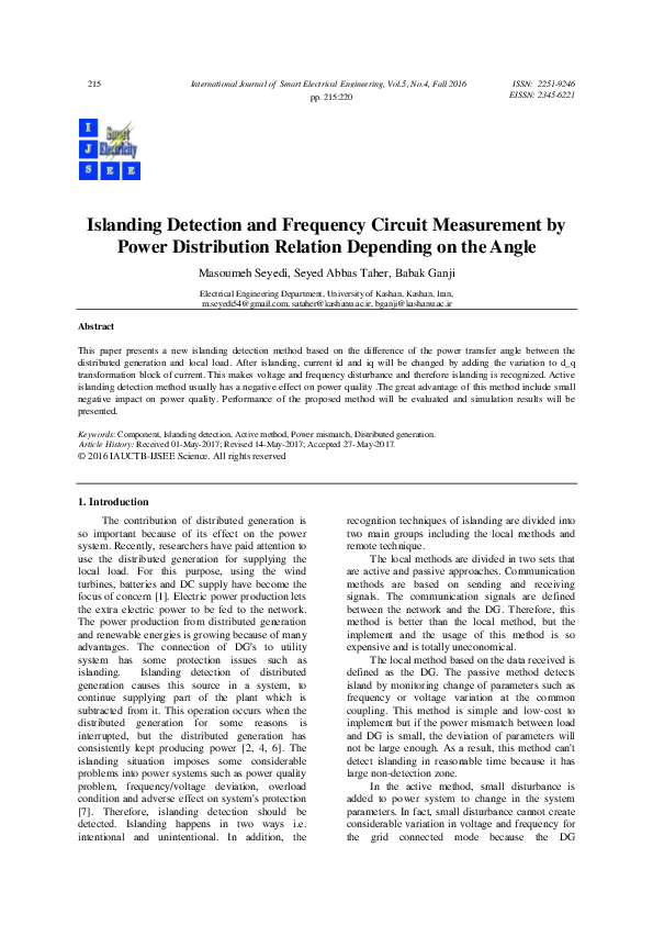 Pdf Islanding Detection And Frequency Circuit Measurement By Power Distribution Relation