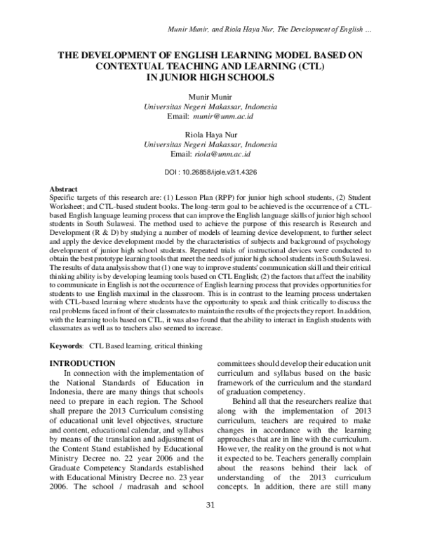 (PDF) The Development of English Learning Model Based on Contextual Teaching and Learning (CTL ...