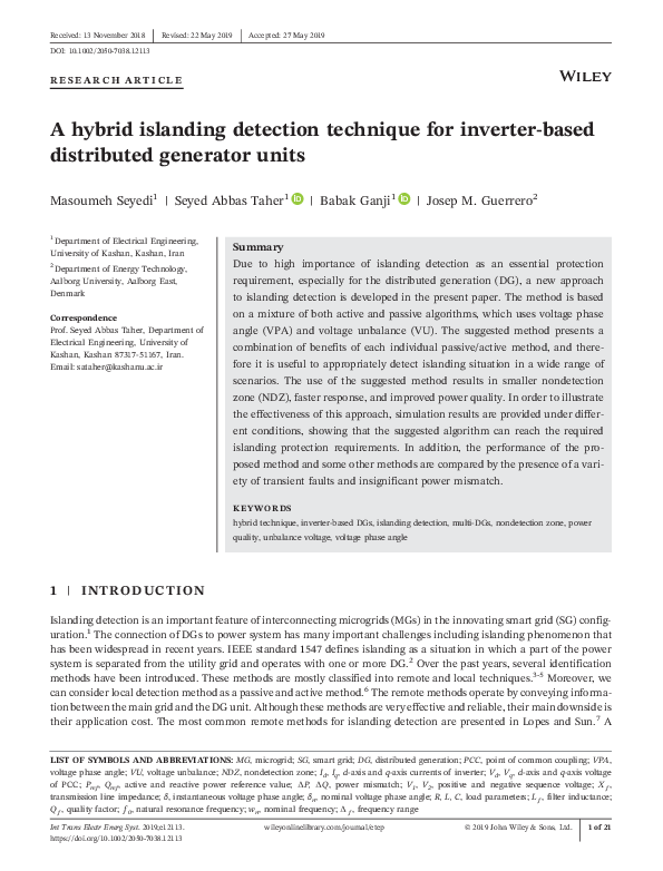 (PDF) A hybrid islanding detection technique for inverter based distributed generations
