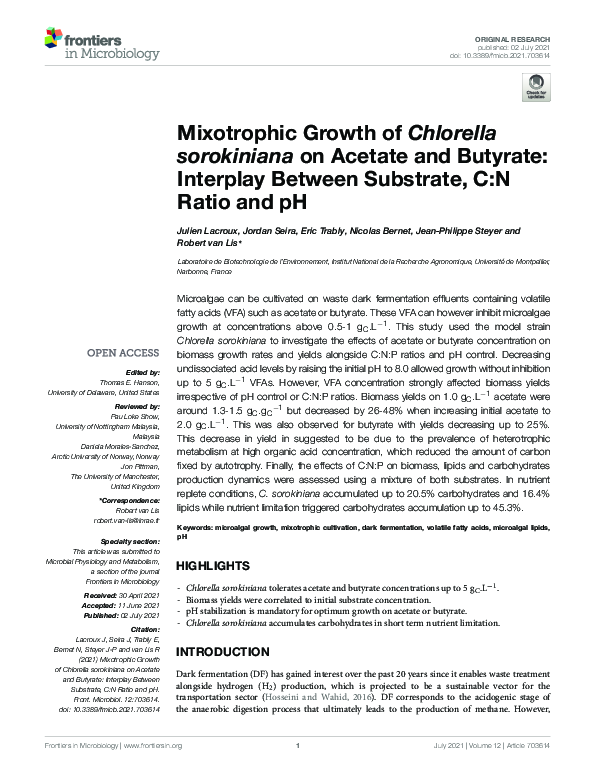 (PDF) Mixotrophic Growth of Chlorella sorokiniana on Acetate and Butyrate: Interplay Between ...