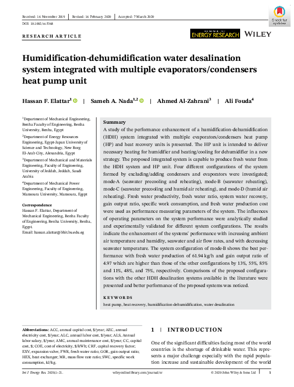 (PDF) Humidification‐dehumidification water desalination system integrated with multiple ...