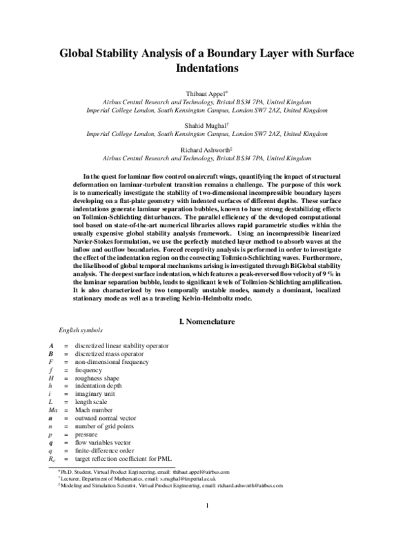 (PDF) Global Stability Analysis of a Boundary Layer with Surface Indentations