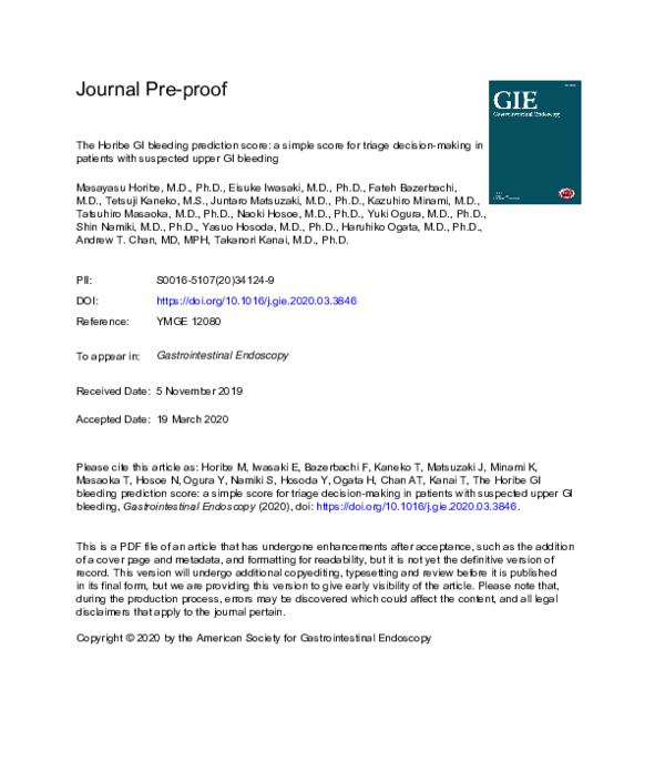 (PDF) The Horibe GI bleeding prediction score: a simple score for ...