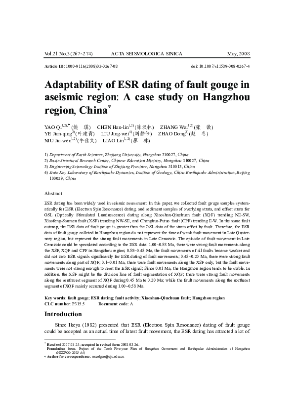 (PDF) Adaptability of ESR dating of fault gouge in aseismic region: A ...