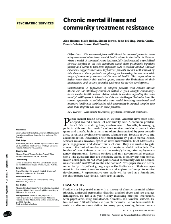 (PDF) Chronic mental illness and community treatment resistance | Alex ...