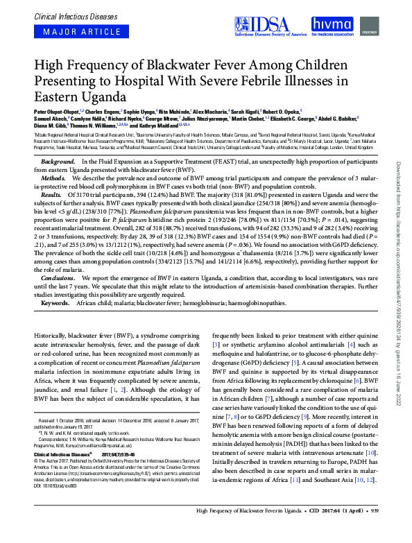 (PDF) High Frequency of Blackwater Fever Among Children Presenting to ...