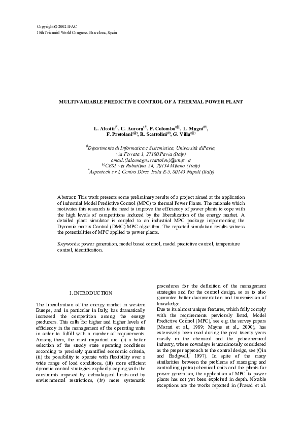 (PDF) Multivariable Predictive Control of a Thermal Power Plant