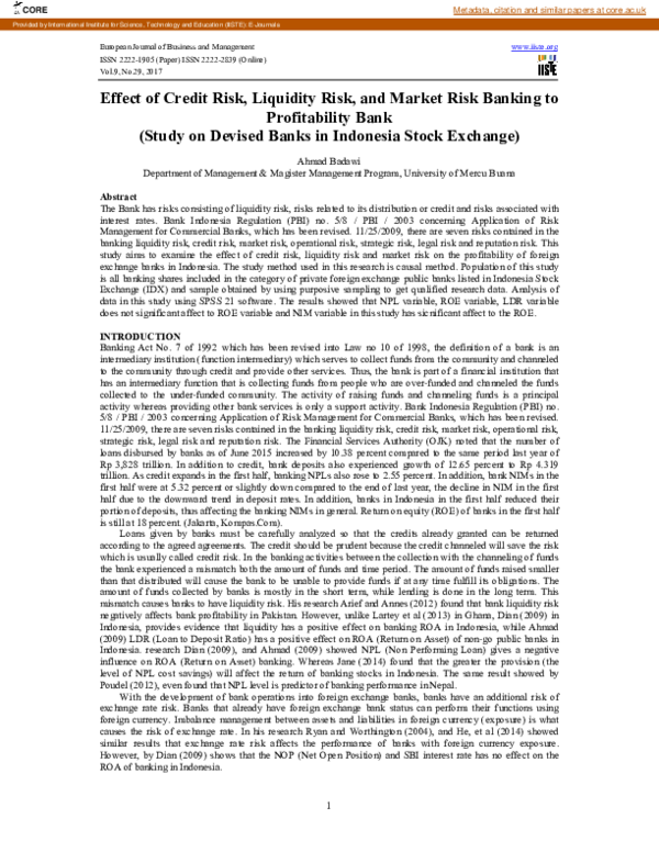 (PDF) Effect of Credit Risk, Liquidity Risk, and Market Risk Banking to ...