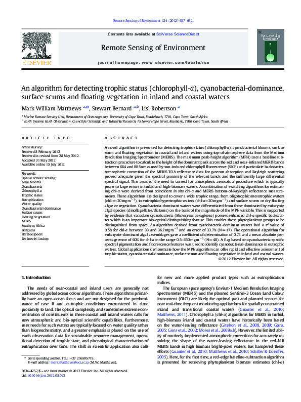 Pdf An Algorithm For Detecting Trophic Status Chlorophyll A Cyanobacterial Dominance
