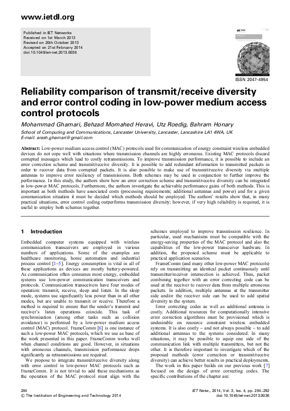 Pdf Reliability Comparison Of Transmit Receive Diversity And Error Control Coding In Low Power