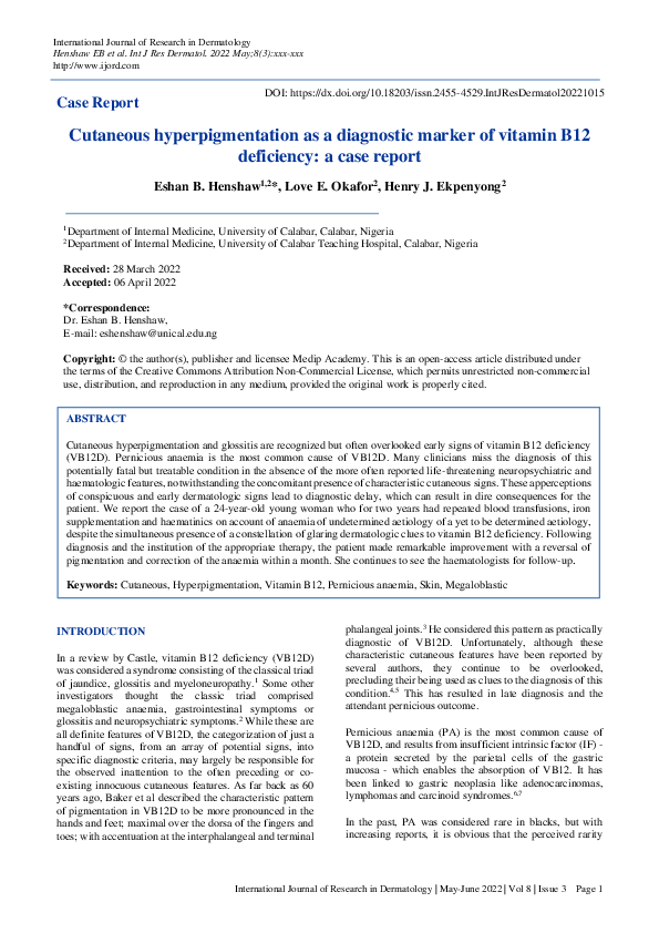 (PDF) Cutaneous hyperpigmentation as a diagnostic marker of vitamin B12 ...
