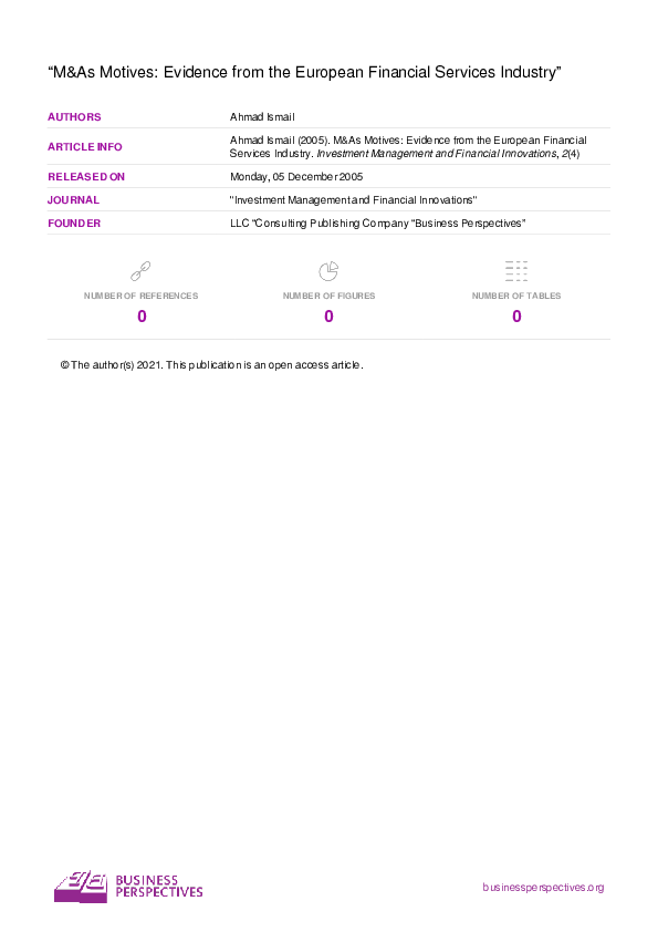 (PDF) M&As Motives: Evidence from the European Financial Services Industry