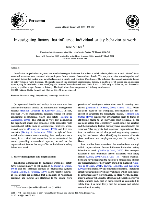 (PDF) Investigating factors that influence individual safety behavior ...