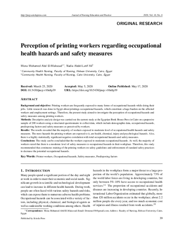 (PDF) Perception of printing workers regarding occupational health hazards and safety measures