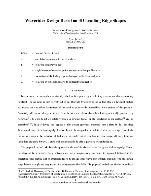 (PDF) Waverider Design Based on Three-Dimensional Leading Edge Shapes