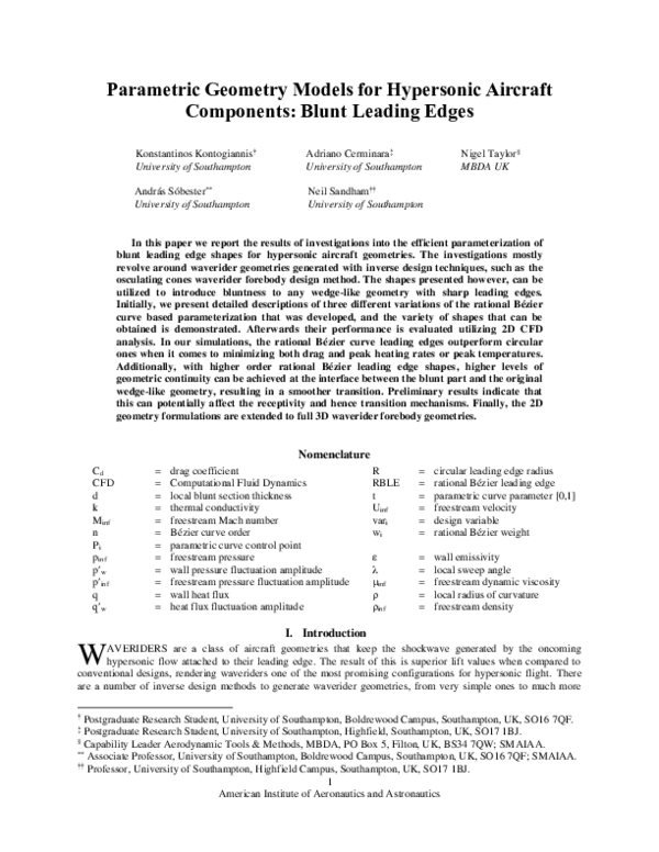 (PDF) Parametric Geometry Models for Hypersonic Aircraft Components ...