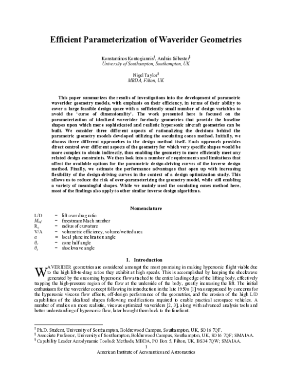 Pdf Efficient Parameterization Of Waverider Geometries