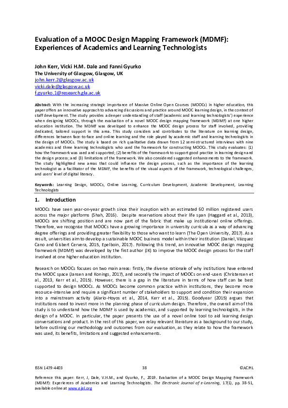 (PDF) Evaluation of a MOOC design mapping framework (MDMF): experiences of academics and ...