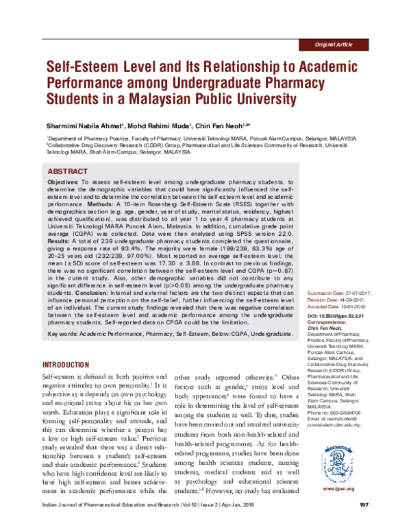 (PDF) Self-Esteem Level and Its Relationship to Academic Performance among Undergraduate ...